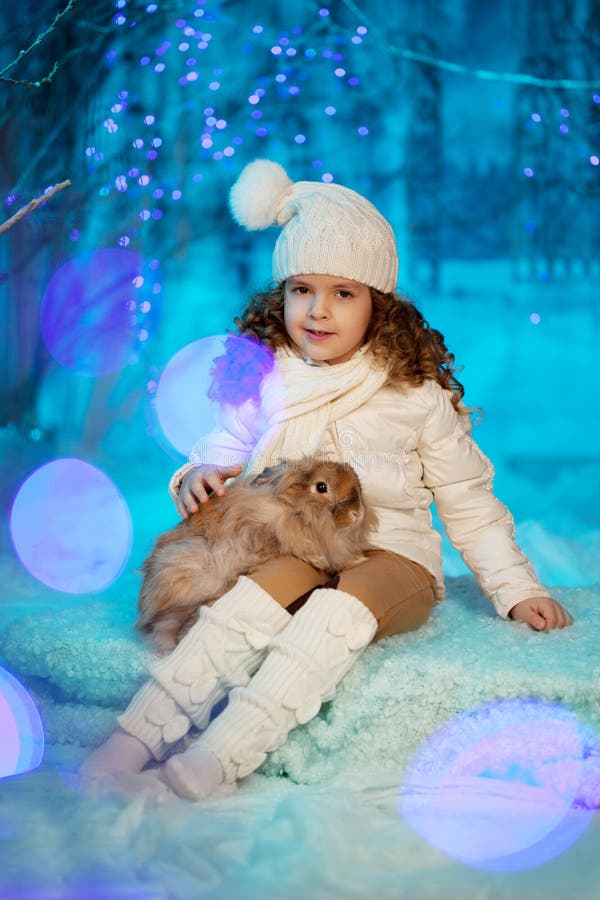 Little Winter Girl with Rabbit Stock Image - Image of pretty, happy ...