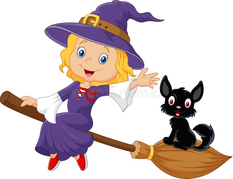 Little Witch and a Black Cat in the Flying Broomstick Stock Vector ...