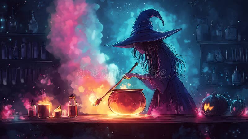 Little Witch is Brewing a Magic Potion in a Cauldron Stock Illustration ...