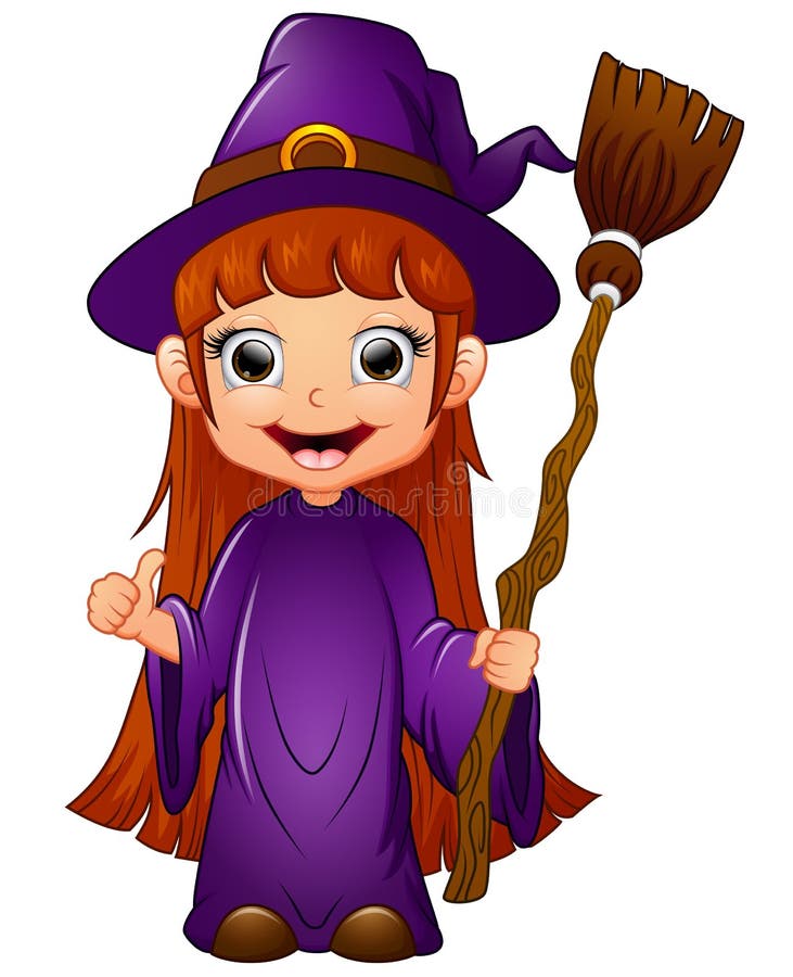 Little Witch Cartoon Holding Broom Stock Vector - Illustration of magic ...