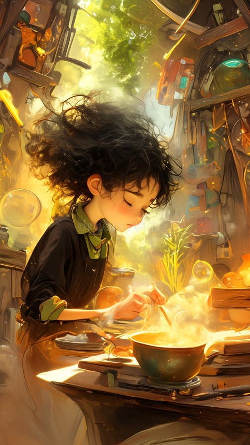 Little Witch Concentrating on Making a Magic Potion Stock Illustration ...