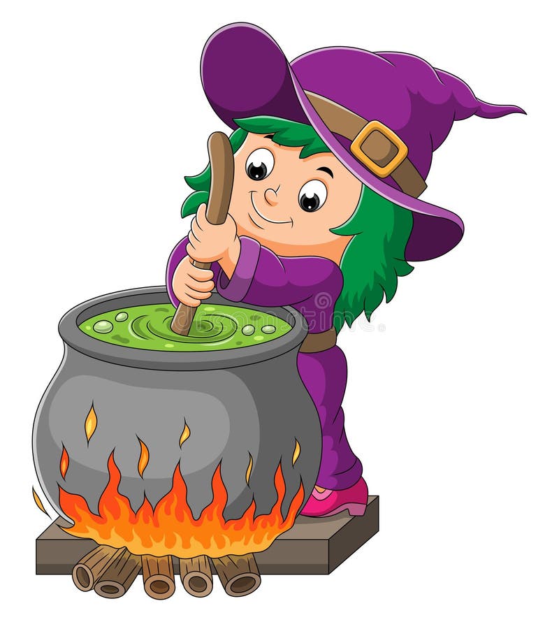 The Little Witch Girl is Mixing the Potion on the Pot Stock Vector - Illustration of accessories ...