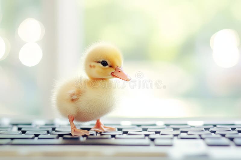 A Little Yellow Duck is Sitting on the Office Computer Keyboard Stock ...