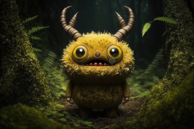 A Little Yellow Monster with Horns Standing in a Forest with Moss ...