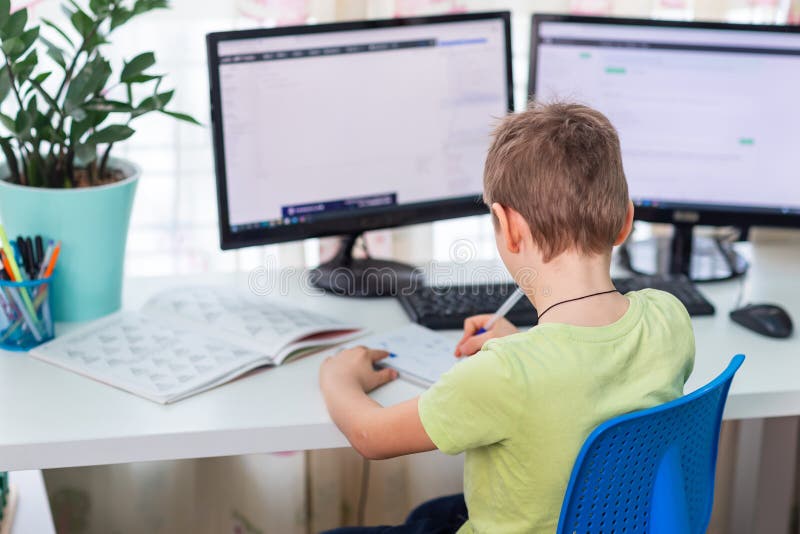 Little Young School Boy Working at Home with a Laptop and Class Notes ...