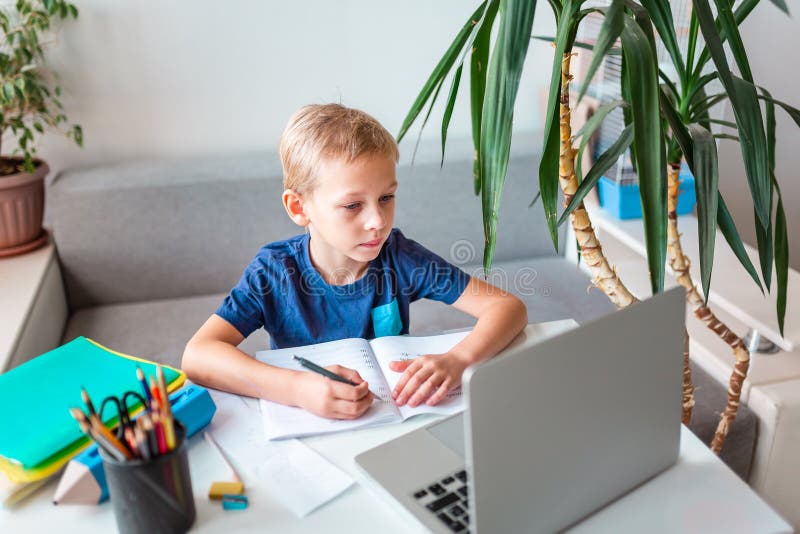 Little Young School Boy Working at Home with a Laptop and Class Notes ...