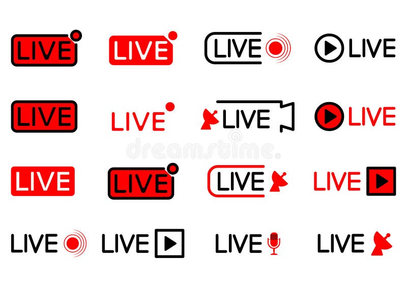 Live Broadcasting Icons Set. Red Symbols and Buttons for Live Broadcast ...