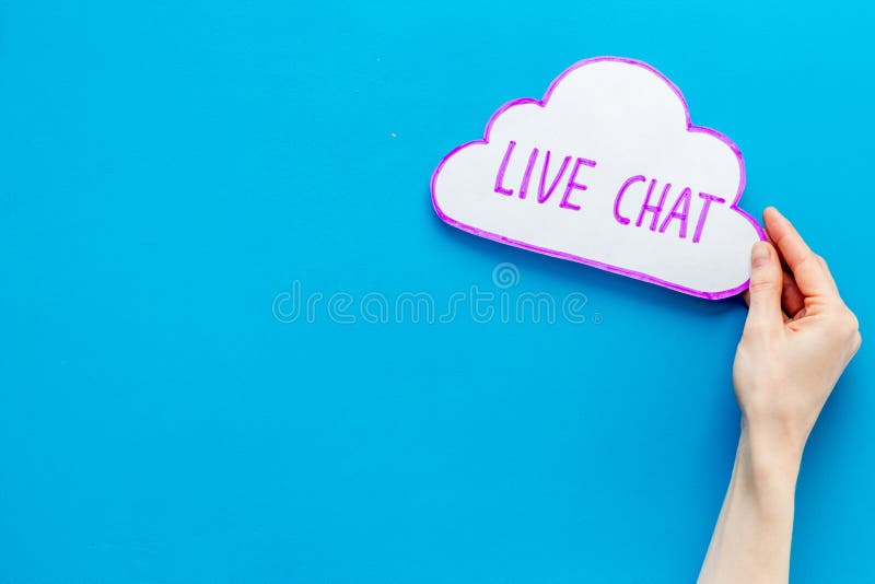 Live Chat Concept - Bubble in Hands on Blue Table Top View Stock Image ...