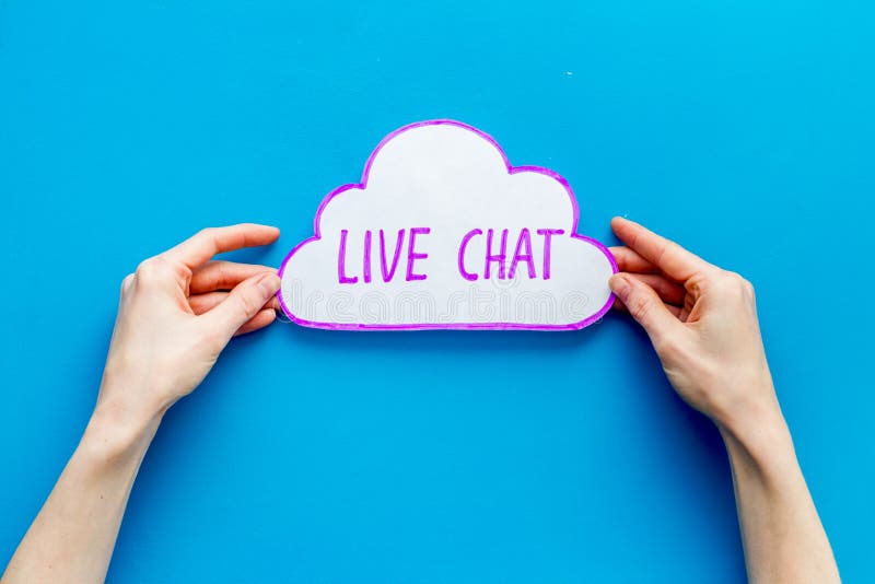 Live Chat Concept - Bubble in Hands on Blue Table Top View Stock Image ...