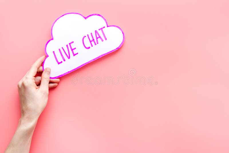 Live Chat Concept - Bubble in Hands on Pink Table Top View Stock Photo ...