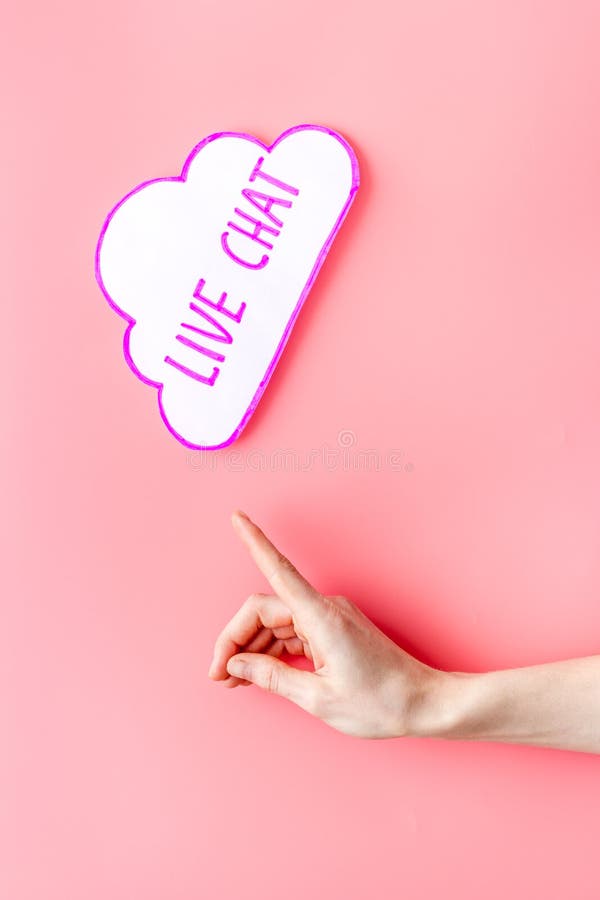 Live Chat Concept - Bubble in Hands on Pink Table Top View Stock Image ...