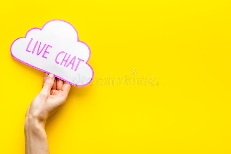 Live Chat Concept - Bubble in Hands on Yellow Table Top View Stock ...