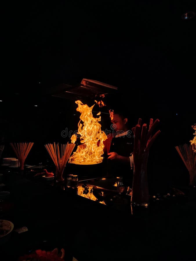 Live Chef Flambe in the Dark Kitchen Editorial Photo - Image of live ...