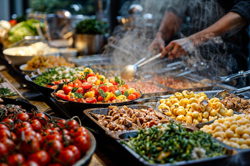 Live Cooking Station with a Variety of Dishes Stock Illustration ...