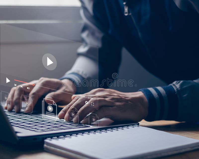 Live Digital Stream Multimedia Player on Virtual Screen. Man Using ...