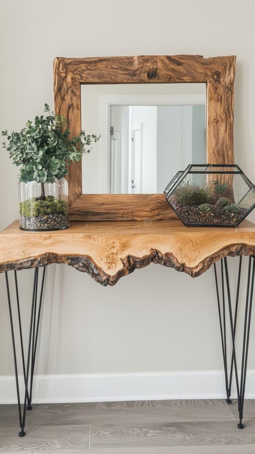 Live Edge Console Table with Rustic Wooden Mirror and Terrariums Stock ...