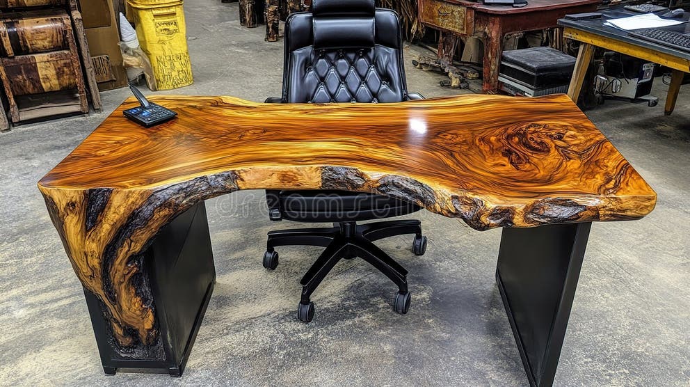 Live-edge Wood Desk, Workshop Setting, Office Chair Stock Image - Image ...