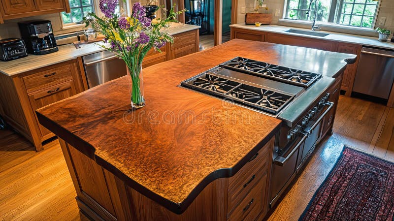 Live Edge Wood Kitchen Island Countertop with Cooktop Stock Image ...