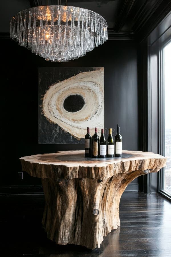 A Live Edge Wood Table Adorned with Wine Bottles and a Chandelier Stock ...