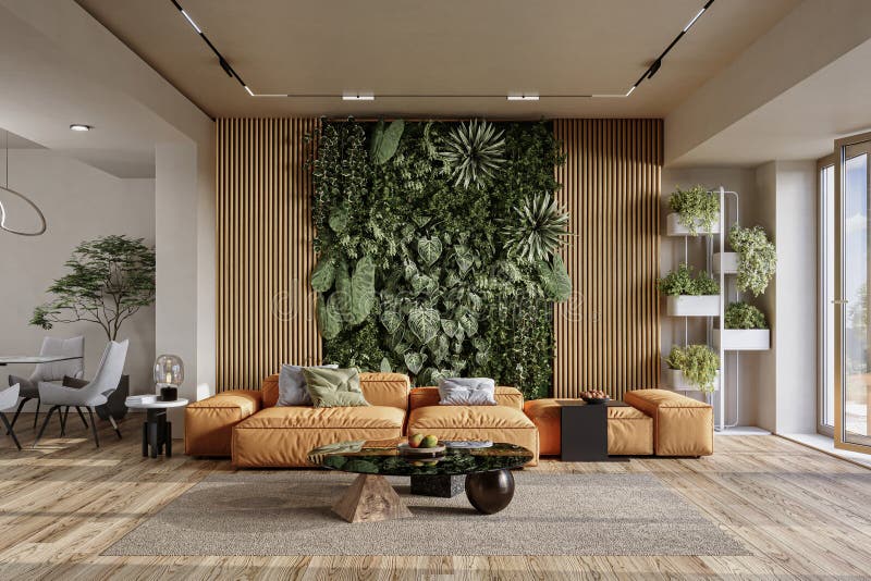 Live Green Wall in Home Interior. Vertical Gardening, 3d Rendering ...