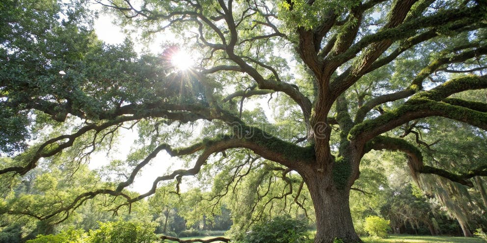 Live Oak Tree with Sun Shining Down from Above Stock Illustration ...