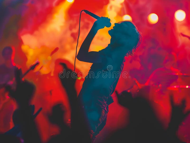 Live Rock Performance, Vocalist Silhouette on Stage, Energetic Crowd ...