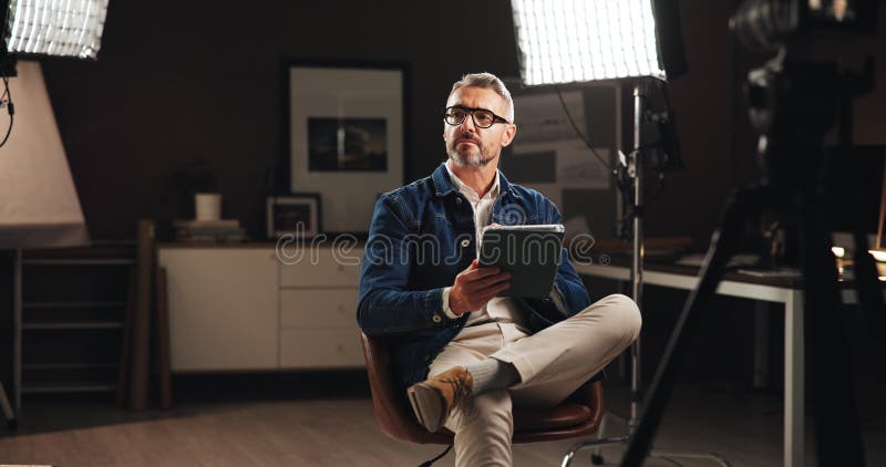 Live Stream Host, Talk Show and Man with Tablet in Home Studio for ...