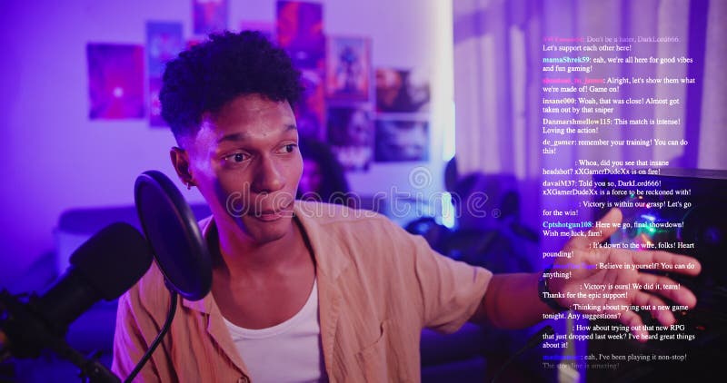 Live Streaming, Gamer and Man with Comments from Fans for Feedback ...