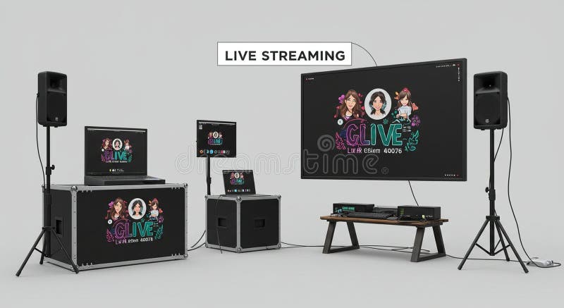 Live Streaming Setup with Various Equipment. a Large Display Screen ...