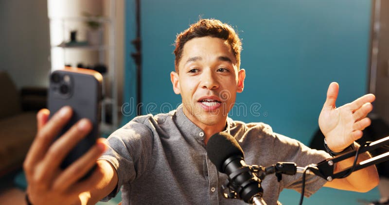 Live Streaming, Vlogger and Man Talk with Microphone and Digital ...
