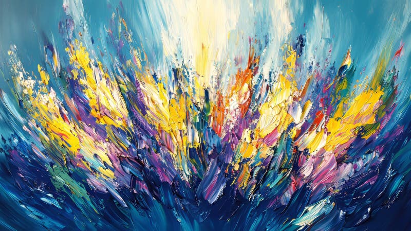 A Lively Abstract Oil Painting Featuring a Vivid Array of Colors and ...