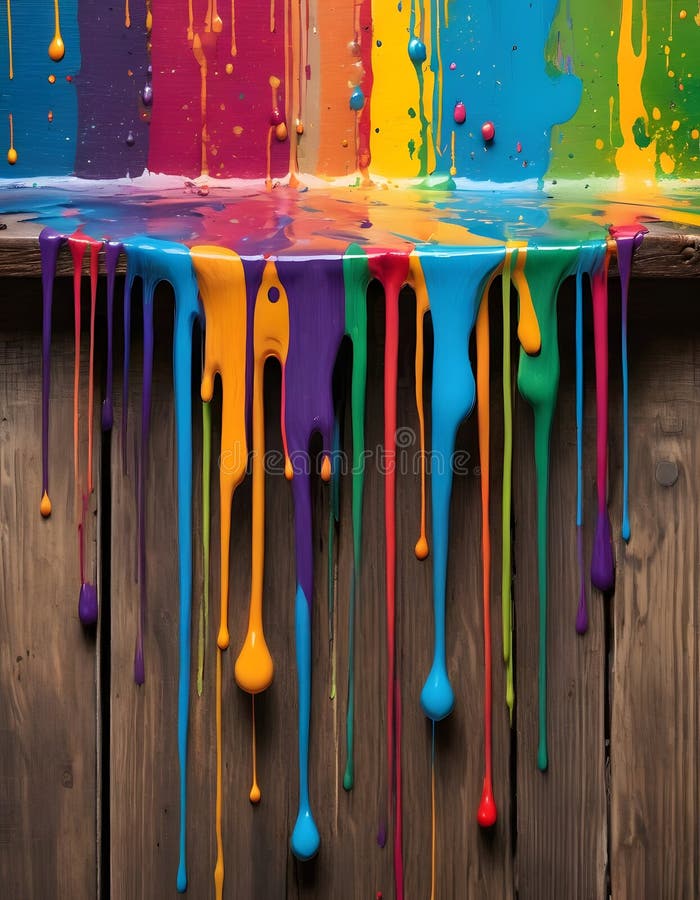 Vibrant Paint Drips on Wooden Texture AI Generative Stock Image - Image ...