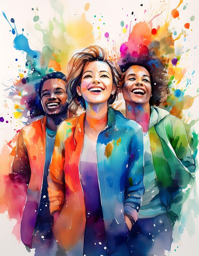 Vibrant Portrait of Smiling Friends in Colorful Abstract Artistic Style ...