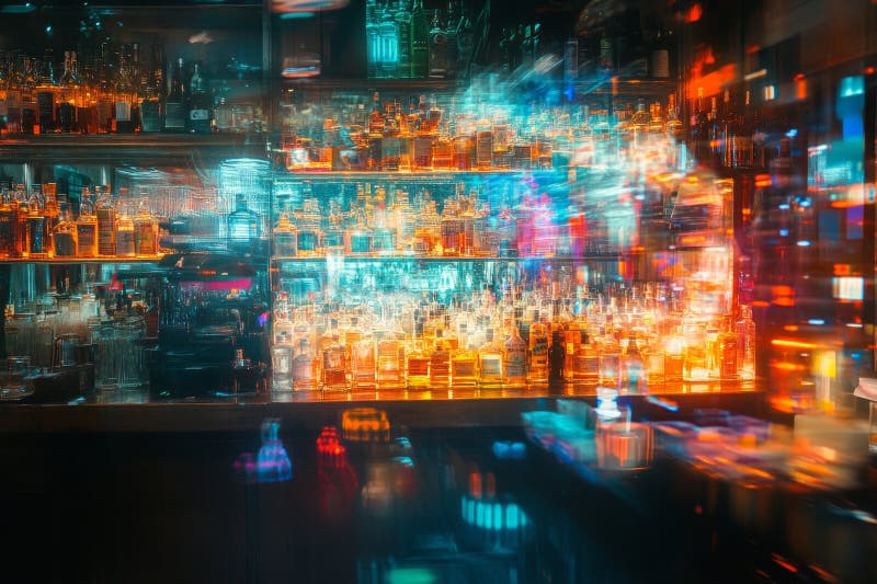 A Lively Bar is Filled with an Array of Glowing Bottles, Radiating ...