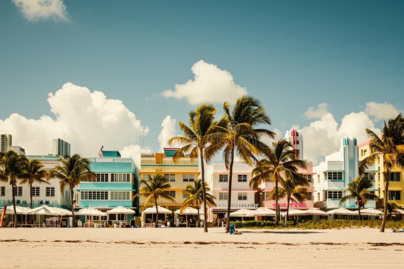 A Lively Beach Scene in Miami with Art Deco Buildings in the Backdrop ...