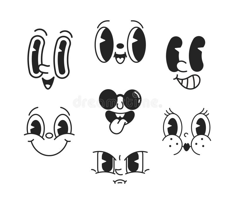 Lively Black and White Cartoon Comic Style Faces Set, Featuring ...