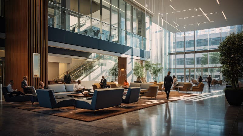 Lively busy office lobby stock illustration. Illustration of lobby ...