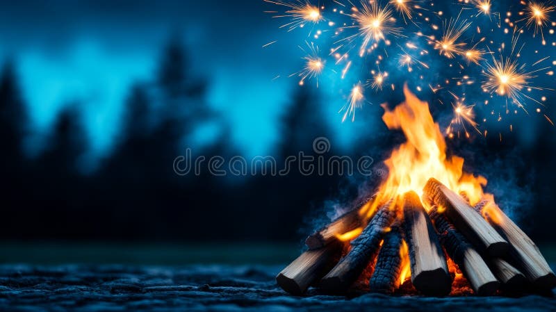 A Lively Campfire Crackles, Sending Bright Sparks into the Night Sky ...