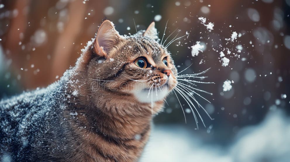 A Lively Cat Playfully Dashes through the Snow, Captivated by the ...