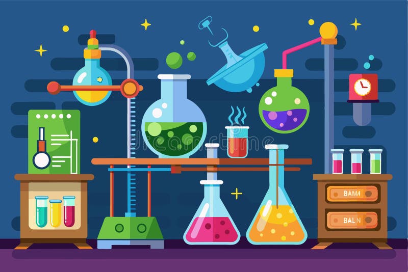 A Lively Chemistry Lab Features Colorful Beakers, Flasks, and Bubbling ...