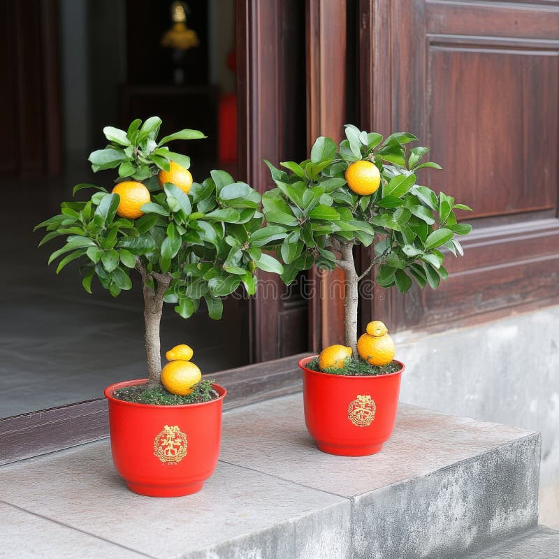 Lively Citrus Trees in Red Pots Symbolize Prosperity and Joy Stock ...