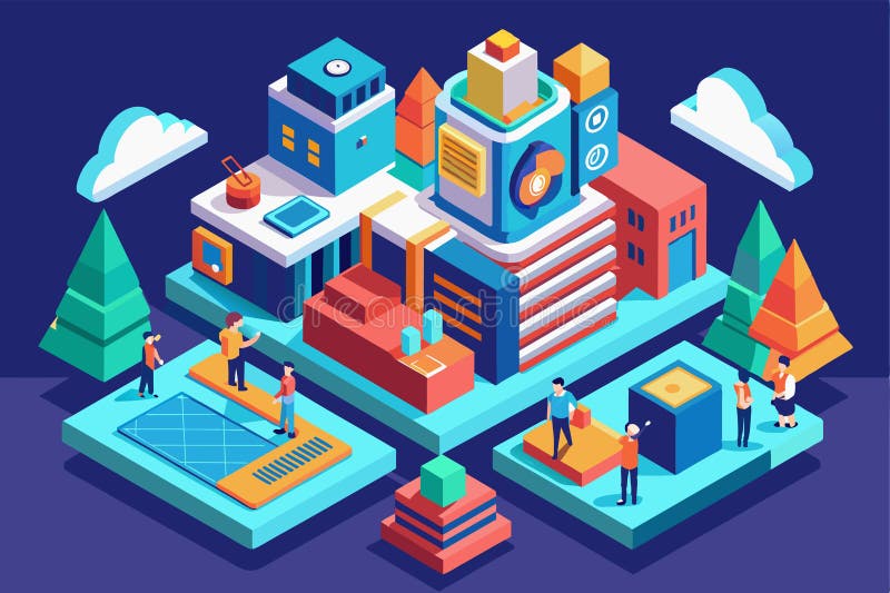 A Lively Cityscape Features People Interacting with Colorful Structures ...