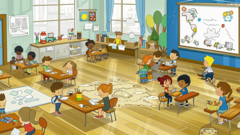 Lively Classroom with Children Engaged in Creative Activities Stock ...