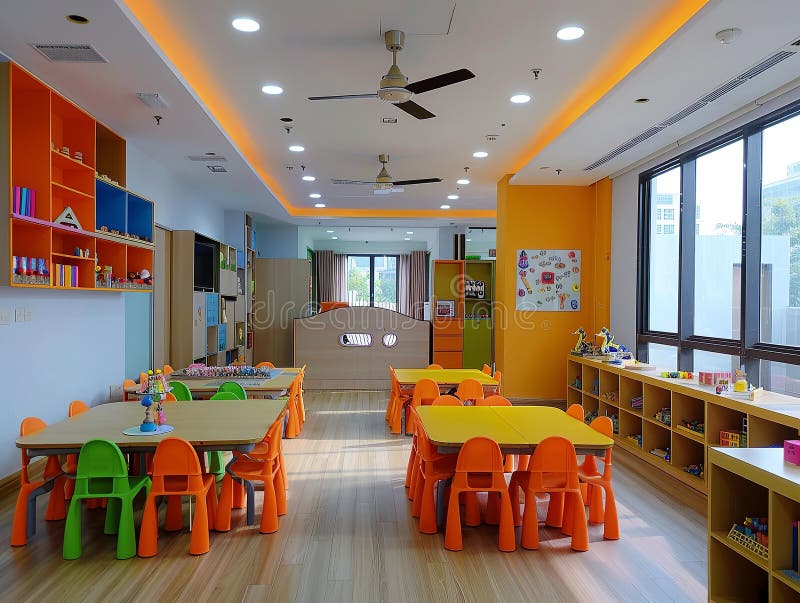 A Lively Classroom Featuring Colorful Chairs and Round Tables, Filled ...