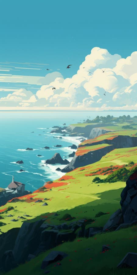 Lively Coastal Landscape with Grass, Birds, and Seagulls Stock ...