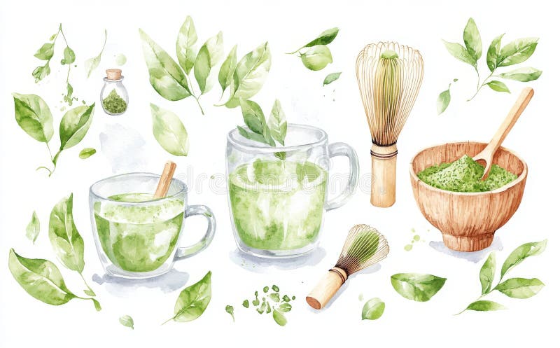 A Lively Collection of Matcha Tea Items, Featuring a Whisk, Leaves, and ...