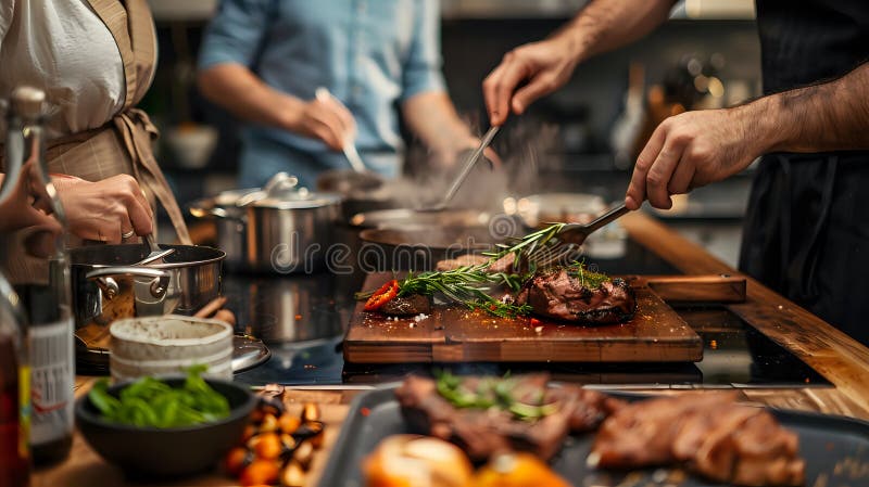 Lively Cooking Scene in Well-Equipped Kitchen with Chefs Preparing ...