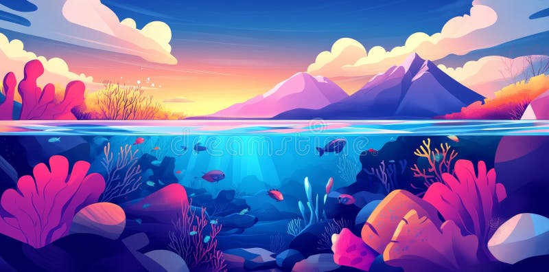 Lively Coral Reef Under Tropical Island Peaks Stock Image - Image of ...