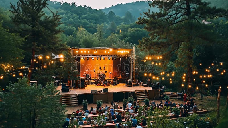 A Lively Crowd Gathers at a Rustic Stage for an Evening Concert Amid ...