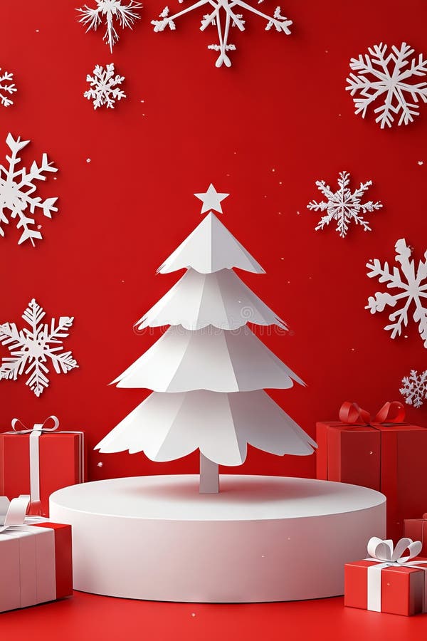 A Lively 3D Christmas Setup with a Green Tree and Gifts Arranged on a ...